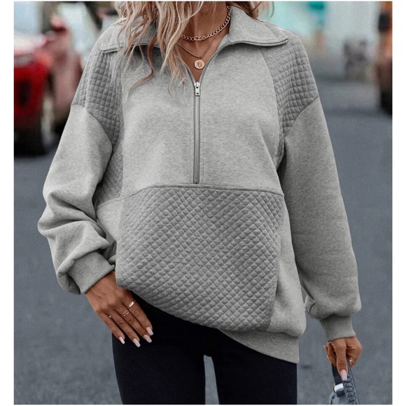 Sweaters | Cozy Grey Pocket Zipper Quilted Oversized Sweater | Poshmark